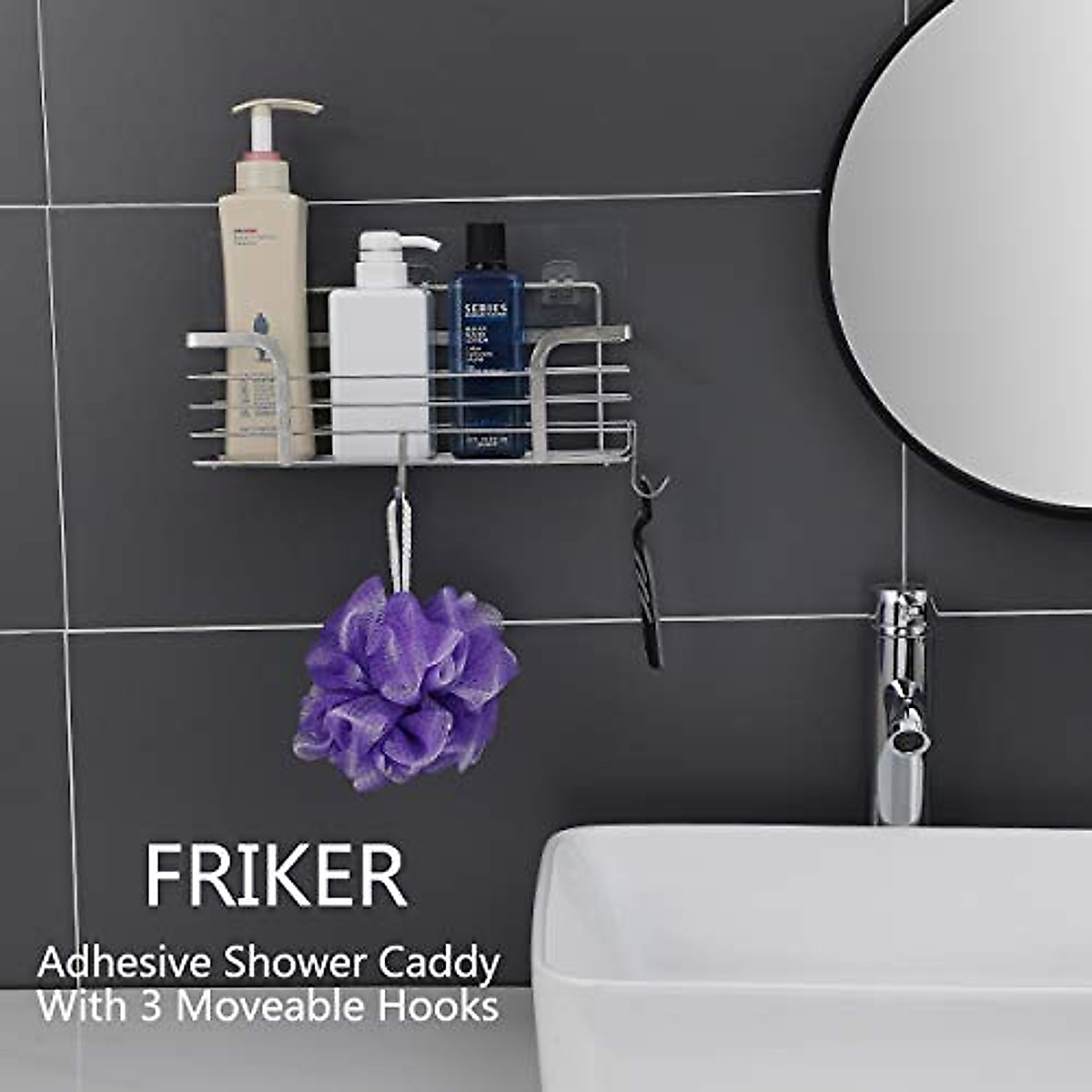 N+A Shower Caddy Kitchen Caddies Shelves Basket Bathroom Adhesive Storage Shelf No Drilling SUS304 Stainless Steel Toilet Shell with 3 Moveable Hooks for Hanging Razor Sponge
