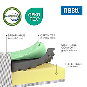 Nestl 8 Inch Green Tea & Graphite Memory Foam Mattress, Queen Size Mattress in A Box - Pressure Relief Supportive Cooling Mattress, Fiberglass Free, CertiPur-US Certified - Bed in A Box, Queen Size