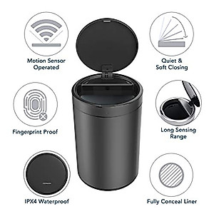 CozyBlock 3.2 Gallon 12L Automatic Trash Can, Stainless Steel Touchless Motion Sensor Bin, Quiet Soft Close Lid, IPX4 Waterproof (Black Stainless Steel)