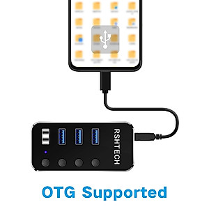 Powered USB hub RSHTECH 4 Port USB C to USB 3.0 Port Hub Expander Aluminum Portable USB 3.0 hub Splitter with 5V AC Adapter and Individual On/Off Switches (RSH-516-C)