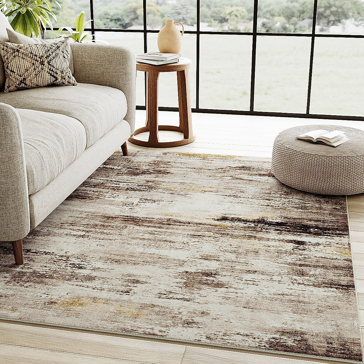 PureCozy Brown 8x10 Area Rug Modern Abstract Washable Large Living Room Carpet Indoor Bedroom Accent Rug Dining Room Office Non Slip Neutral Low Pile Throw Rug