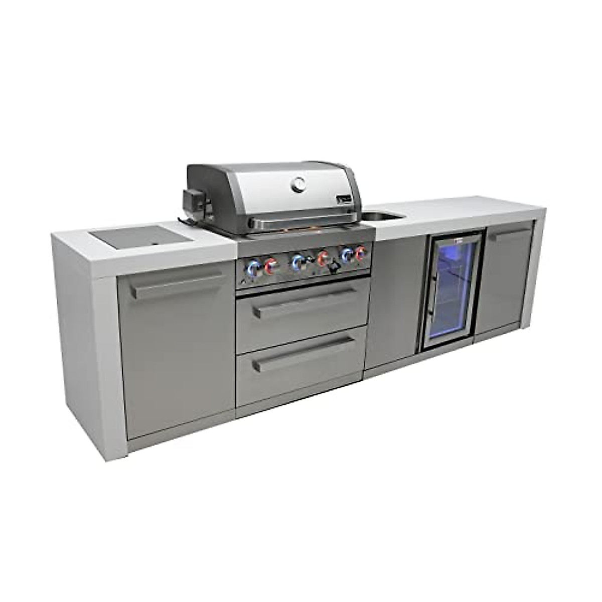 Mont Alpi MAi400-DBEV 32-Inch 4-Burner 78000 BTU Deluxe Stainless Steel Gas Outdoor Kitchen Barbecue Gas Island Grill w/ Compact Lockable Refrigerator + Infrared Side & Rear Burners + Granite Countertops