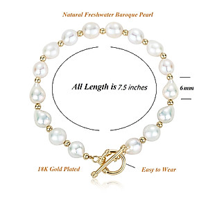 KVLmoze Pearl Bracelet 6mm Handpicked Pearl Chain 18k Gold Plated Delicate Vintage Y2k Jewelry Gifts for Mom Women Girls