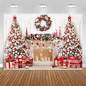 Mocsicka Christmas Fireplace Backdrop White Red Christmas Tree Photography Background Winter Christmas Family Kids Holiday Party Banner Decorations Photo Booth Props (Red, 10x7ft(120''x82''))