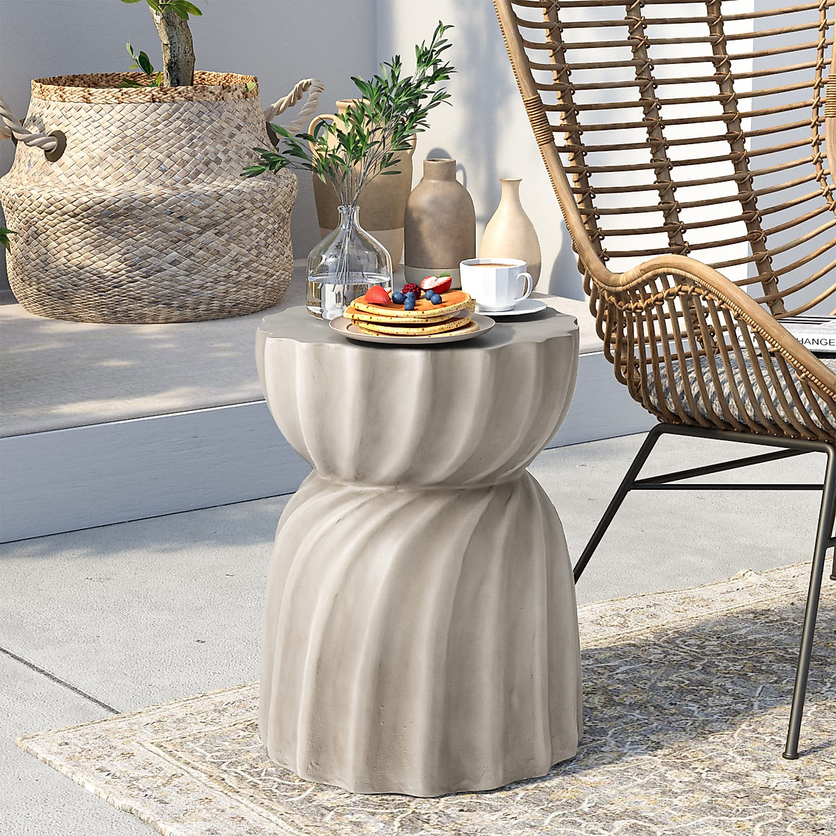 SUNBURY Concrete Side Table, Outdoor Side Table for Patio, 14" Outdoor Accent Table Patio Side Table End Table in Light Gray, Ceramic Side Table Garden Stool Log Table