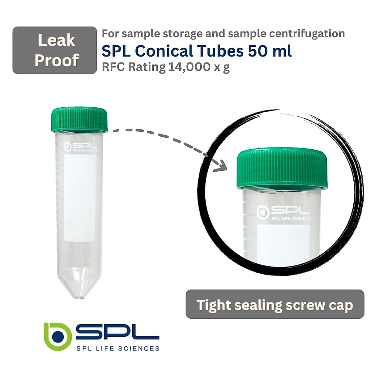 SPL 50ml Conical Centrifuge Tube Polypropylene Screw Cap, Sterile Non - pyrogenic, Non - cytotoxic, DNase/RNase - Free, Human DNA - Free Resealable Bags (25 Tubes)