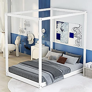 Harper & Bright Designs Full Canopy Bed Wood 4 Poster Panel Beds, Floor Bed Frame Full with Solid Wood Slat Support, Full Size Platform Bed for Kids Teens Adults, No Box Spring Needed, White