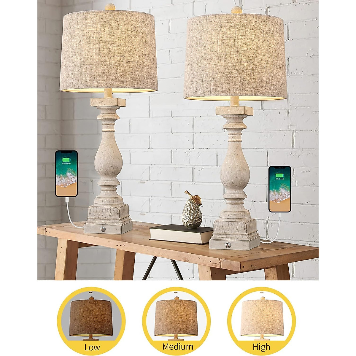 BOBOMOMO 27" Farmhouse 3-Way Dimmable Touch Control Table Lamp Set of 2 with USB A &USB C Charging Ports for Bedroom Living Room Vintage Rustic Traditional Nightstand Bedside Lamps (2 Bulbs Included)