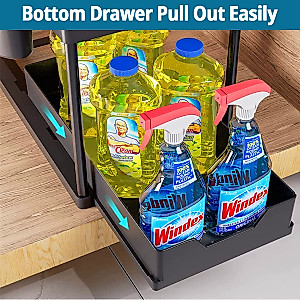 Under Sink Organizers and Storage, Pull Out Undersink Organizers Basket, 2 Tier Bathroom Cabinet Storage with Towel Rack Hooks, Hanging Cup, Multi-purpose Storage Shelf for Kitchen Toilet