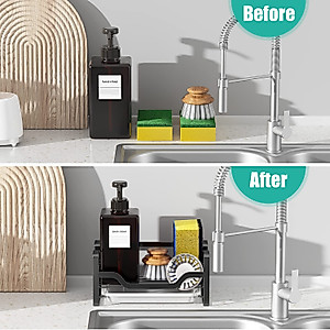 Dish Sponge Holder for Kitchen Sink, Black Kitchen Sink Organizer Dish Racks, Stainless Steel Kitchen Sink Caddy for Countertop, Brush Kitchen Sink Sponge Holder Storage with Drain Tray