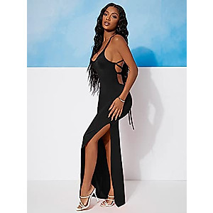 SheIn Women's Side Split Thigh Backless Bodycon Maxi Dress Sleeveless Tie Back Criss Cross Slit Pencil Long Dresses X-Small Black