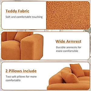 Wonder Comfort 94" Teddy Fabric L-Shaped Sectional Sofa with Reversible Ottoman, Sherpa Futon Couch with 2 Pillows for Living Room Apartment, Orange
