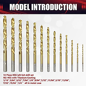wesleydrill 13PCS Left Hand Drill Bit Set 1/16"-1/4" Titanium Twist Reverse Drill Bits Fit for Cutting Metal, Cast Iron, Hard Plastics and Wood, and Softer Materials