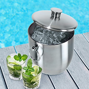 OGGI Double Wall Stainless Steel Ice Bucket - Insulated Ice Bucket with Elegant Steel Lid, Classic Handles & Stainless Steel Ice Tongs - Great for Home Bar, Chilling Beer, Champagne and Wine - 3 qt