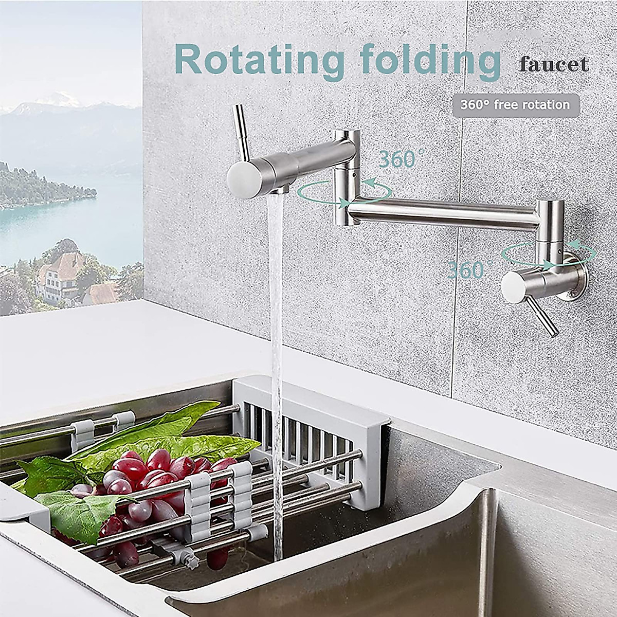 HOMHII Wall Mount Pot Filler Faucet,Folding Stretchable Kitchen Faucet with Double Joint Swing Arm,Stainless Steel Delta Pot Filler Faucet (‎Brushed Stainless Steel)