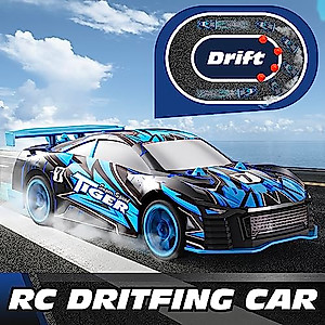 Tecnock Rc Drift Car for Kids, 2.4GHz 4WD Remote Control Car for Boys 8-12, 1/24 Rc Car with Lights and Replacement Tires, Toy Car Gifts for Boys Girls,Blue