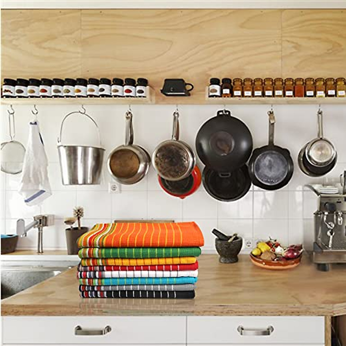 Urban Villa Kitchen Towels, Premium Quality, Cotton Dish Towels,Mitered Corners,Ultra Soft (Size: 20X30 in),Multi Color Waffle Stripes, Highly Absorbent Bar Towels & Tea Towels - (Set of 8)