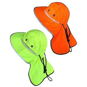 Men High Visibility Sun Hat with Neck Flap Wide Brim Boonie Hat Bucket Cap Packable Adjustable (2PCS (Orange+Lime))