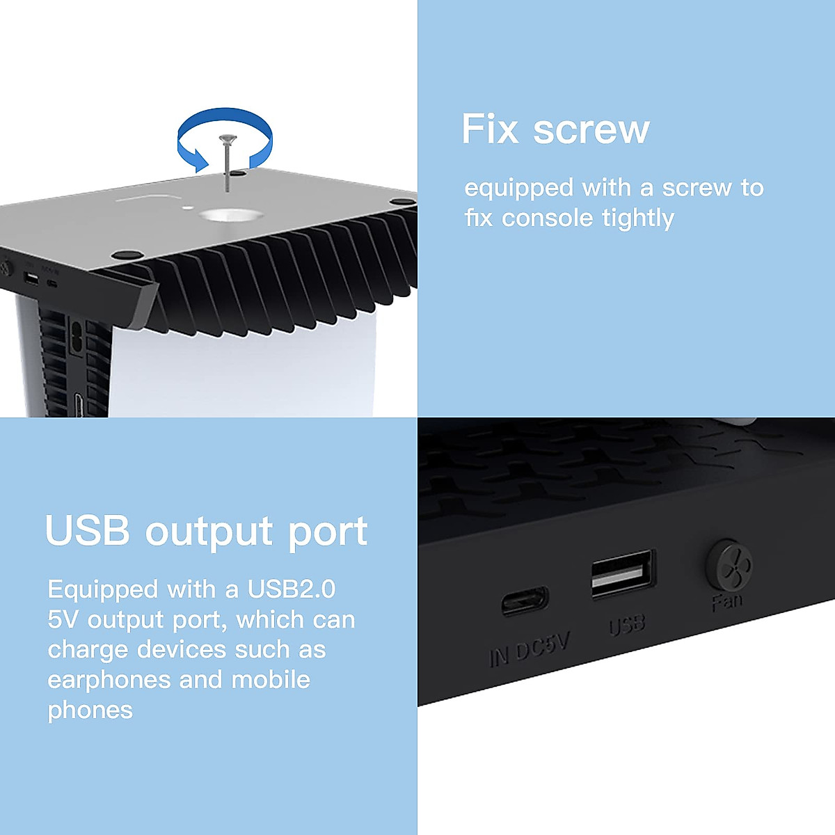 Goluodck PS5 Stand with Suction Cooling Fan and Dual Controller Charger Station for Playstation 5 PS5 Console, Suction Cooler Fan with Charging Dock Station and 12 Games Storage