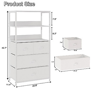 Furnulem White Dresser with 4 Fabric Bins, Tall Storage Tower with 3-Tier Shelf Vertical Standing Chest Organizer for Closet,Laundry,Bedroom,Living Room,Entryway (White)