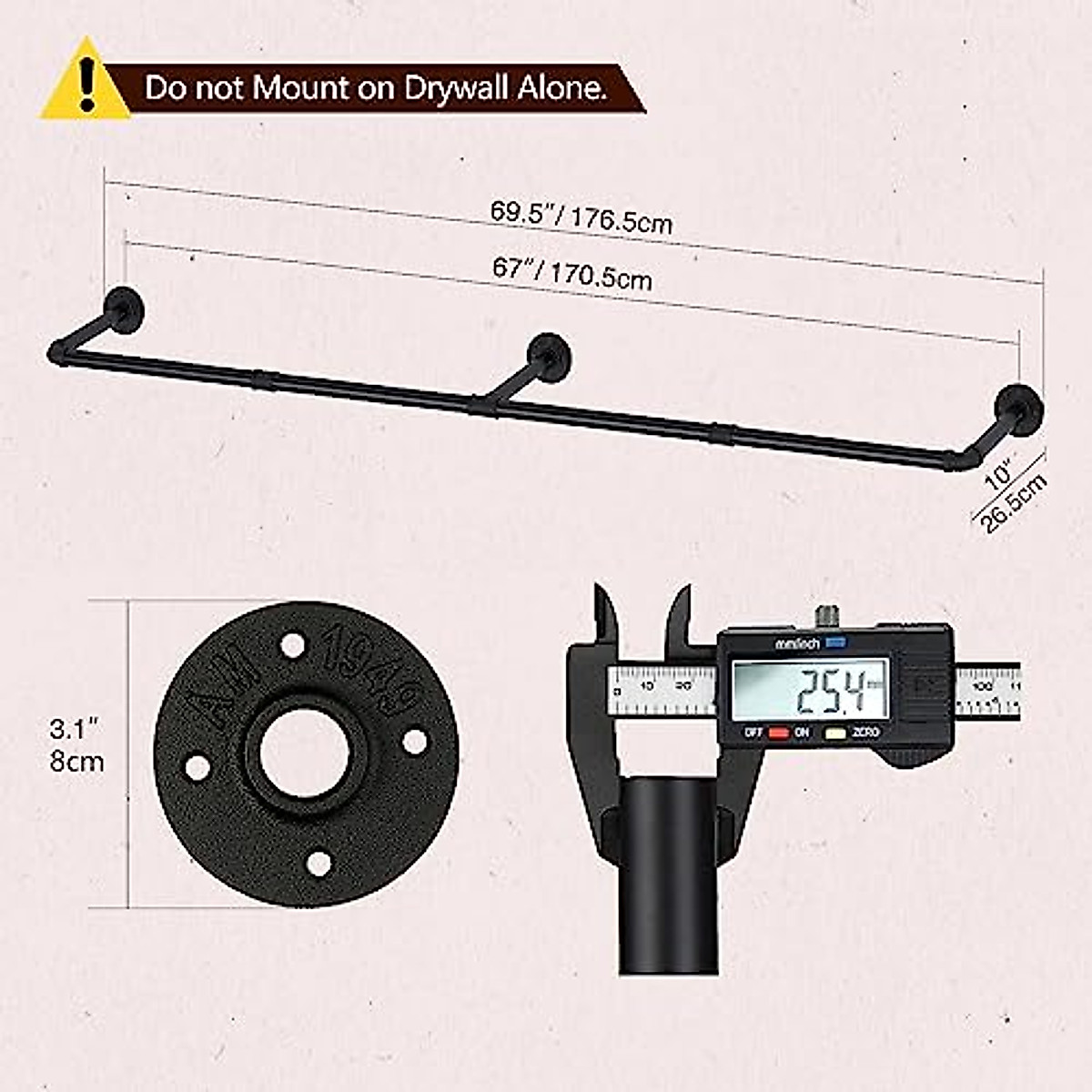 GREENSTELL Clothes Rack, 69.5 Inches Industrial Pipe Wall Mounted Closet Rod, Space-Saving Heavy Duty Hanging Clothing Rack, Detachable hanger Bar, Multi-Purpose Hanging Rod for Closet Storage 3 Base