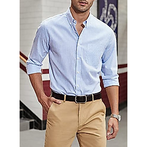 JMIERR Mens Slim Fit Casual Button Down Dress Shirts Pinpoint Stripe Long Sleeve Fall Shirt US 43(L),Blue