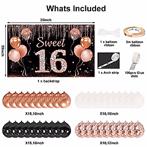 Sweet 16th Birthday Banner Decorations with Confetti Balloon Arch Garland, Rose Gold Happy 16 Birthday Backdrop Balloon Kit Party Supplies for Girls, Sixteen Year Old Bday Photo Booth Decor