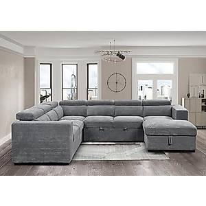 THSUPER Corduroy 123" Oversized U Shape Sectional Sleeper Sofa with Pull Out Bed, 7-Seats Sleeper Sectional Sofa with Storage Chaise and Adjustable Headrest for Living Room - Dark Grey