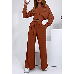 PRETTYGARDEN Womens 2024 Fall Track Suits 3 Piece Outfits Matching Sets Ribbed Knit Cardigan Cropped Tank Tops Wide Leg Pants (Brown,Large)