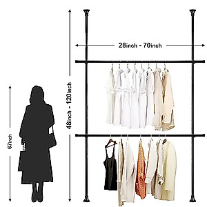 HOSKO Floor to Ceiling Clothes Rack, 2-Tier Adjustable Clothing Rack, Heavy Duty Free-Standing Garment Racks for Hanging Clothes, Tension Rod Garment Rack Closet Organizer System