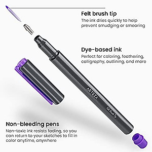 ARTEZA Felt Tip Pens, Set of 12 Bright Brush Tip Calligraphy Pens for Note Taking, Sketching, Cross-Hatching, and Outlining, Dye-Based Ink, Smear-Free