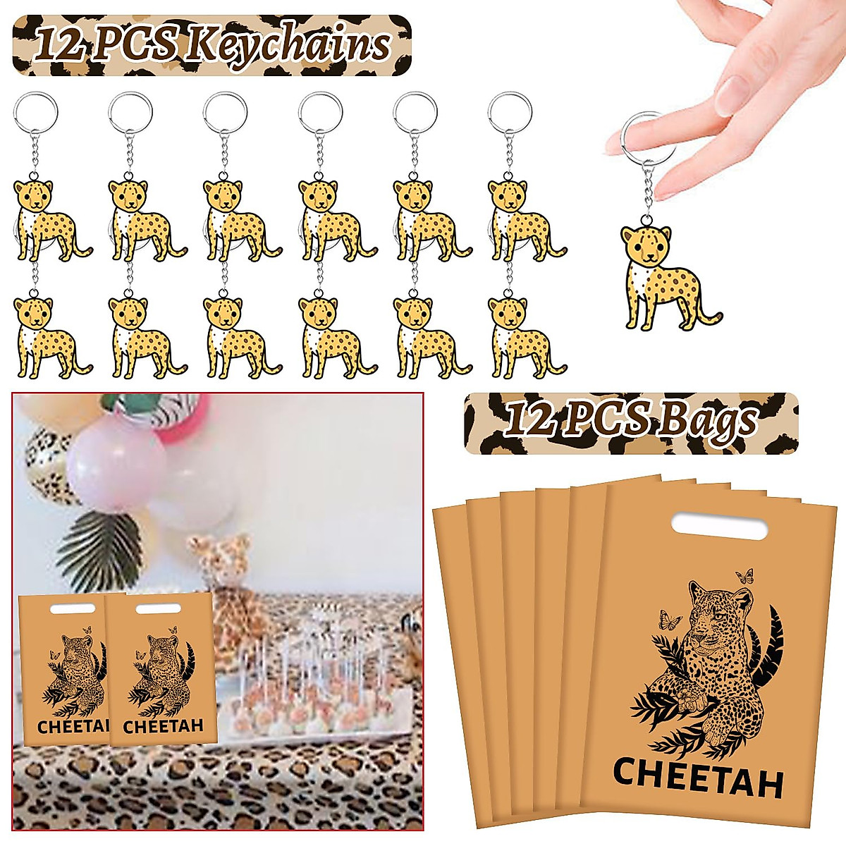 Lcnjscgo Cheetah Party Favors Cheetah Theme Slap Bracelets Key Chains Badge Temporary Tattoos Gift Bags for Kids Jungle Leopard Cheetah Birthday Party Baby Shower Safari Party Supplies