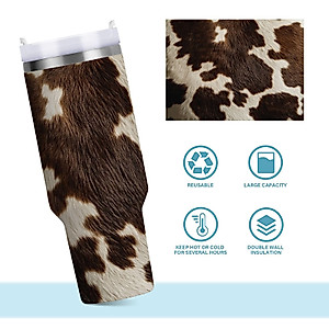 Nesatuwa 40 oz Cow Print Tumbler with Handle and Straw Lid,Reusable Stainless Steel Vacuum Insulated Tumbler Leakproof Travel Coffee Mug for Iced and Hot Beverages