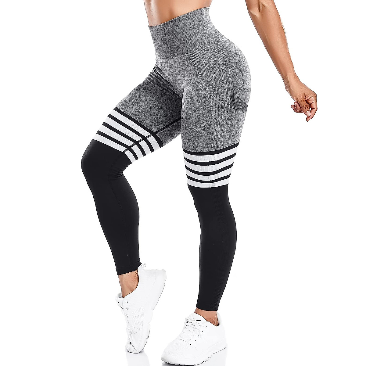 KIWI RATA Women Ribbed Booty Seamless Leggings High Waisted Workout Butt Lift Gym Yoga Panst Stretch Tights (#0 Stripe Black, M)