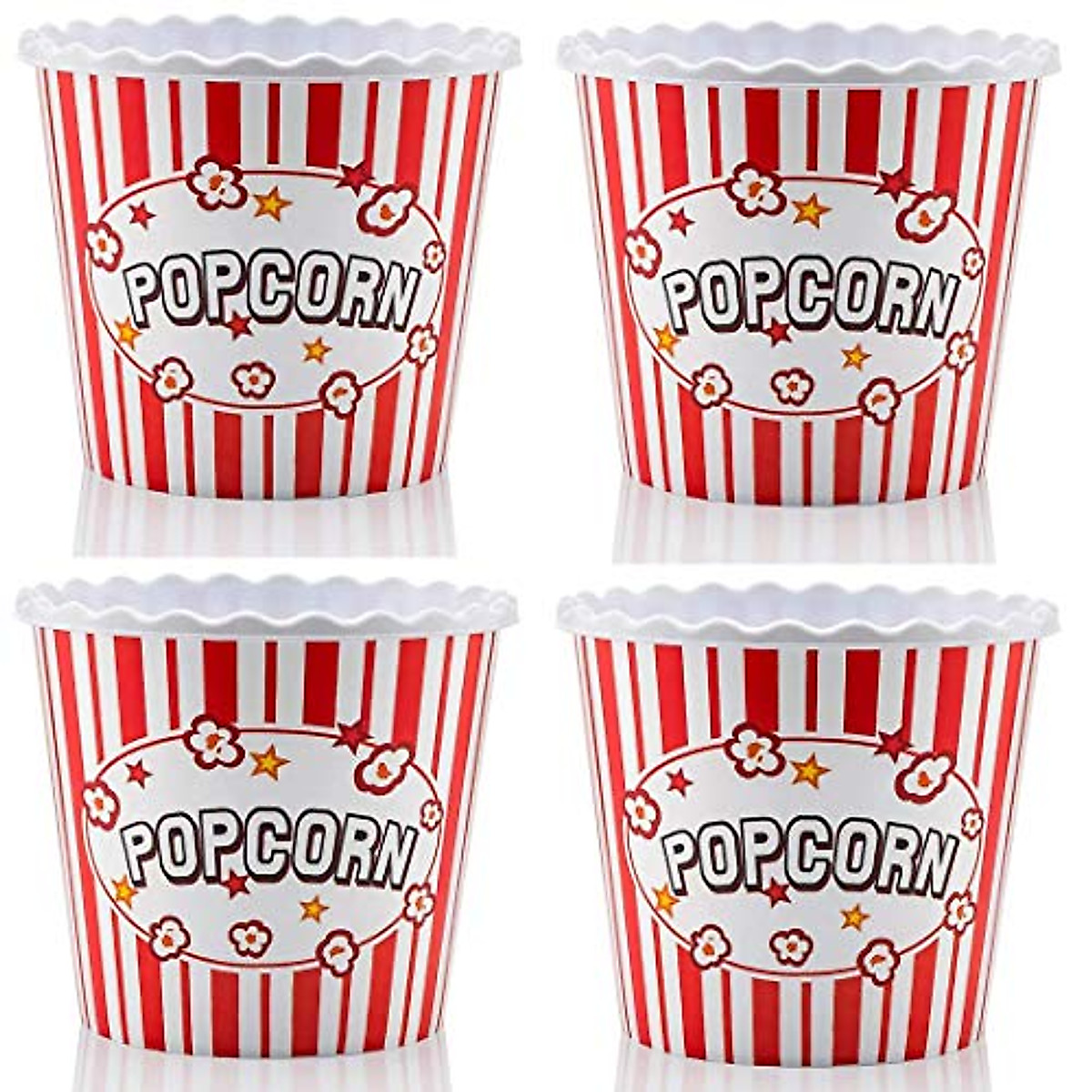 ONONEXPRESS Modern Style Reusable Plastic Popcorn Box/Popcorn Containers/Popcorn Bowls Set for Movie Theater Night - (BPA Free - Red/White 4 Pack-75 oz)