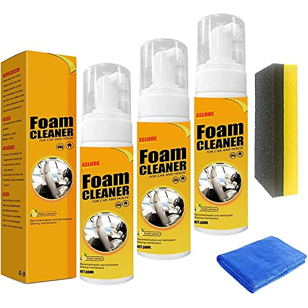 DENGWANG Amplesunshine Foam Cleaner, Amplesunshine Powerful Stain Removal Kit, Foam Cleaner for Car and House Lemon Flavor, Strong Decontamination Cleaners Spray for Kitchen (30ml, 3pcs)