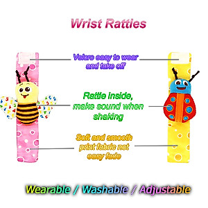 JOYLEX Baby Soft Rattle, Hand Rattle and Socks Toys, Wrist Rattle and Foot Finder, Arm Ring Leg Bell Wear Toy, Infant Plush Toys, Wrist Chew Toy, Gift for Newborn Boy & Girl (4 pcs-B)