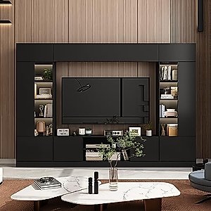 AIEGLE Lighted Entertainment Wall Unit Set with Bridge, Modern TV Stand with 3 Color Light, Up-Flip Doors & Shelves, Large Console Storage Cabinet Set for TVs Up to 70", Black (114.2"Wx11.8"Dx78.7"H)