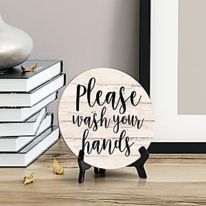 Round Please Wash Your Hands, Light Wood Color Bathroom Table Sign with Acrylic Easel