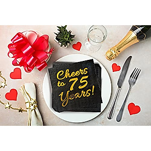 75th Birthday Decorations for Men Women Party Supplies Cocktail Napkins Black Gold 50 Pack,5"x 5" Folded, Cheers to 75 Years!
