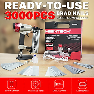 KEENTECH Pneumatic Brad Nailer 18 Gauge with Nails, 5/8" to 2", 3000pcs, Industrial Air Brad Nailer for Long Duration Wood Project, Tool-Free Jamming Release, Ready-to-use Nail Gun, No Air Compressor