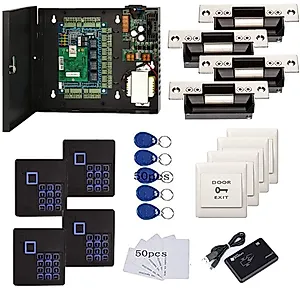 MENGQI-CONTROL 4 Doors Complete TCP/IP PIN Code RFID Card/Fob Access Control Systems with North American Standard Electric Strike for Latch Doors Keypad Reader 110V Power Supply APP Remote Open Door