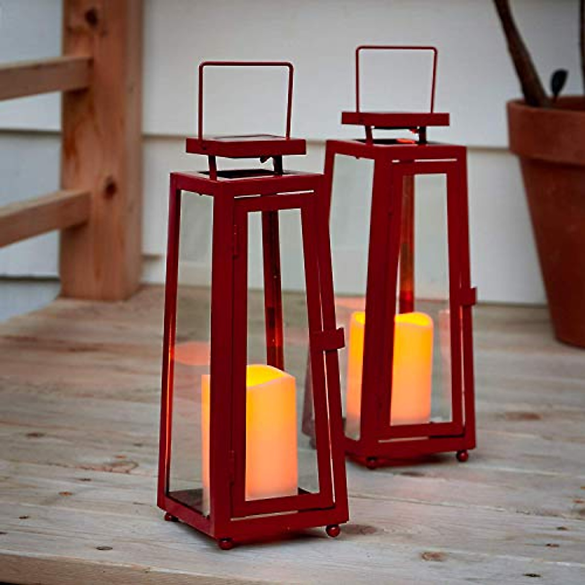 Red Outdoor Solar Lanterns - 11 Inch, Set of 2, Metal & Glass, Waterproof Flameless Pillar Candle, Dusk to Dawn Timer, Flickering LED Light, Rustic Vintage Patio