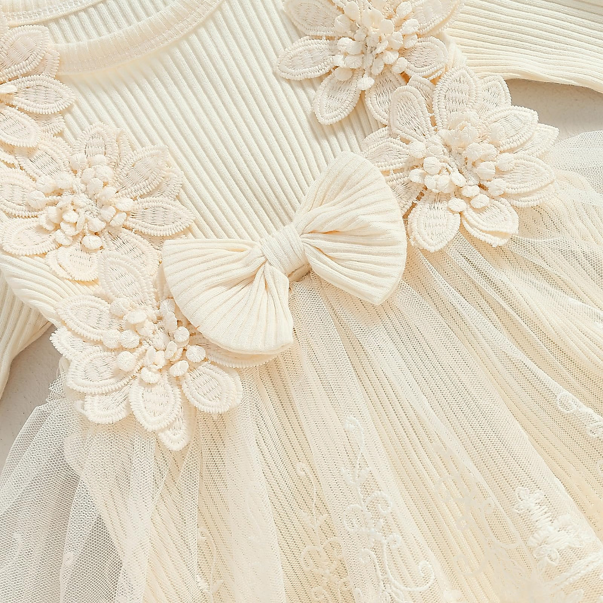 Newborn Lace Tutu Romper Dress Baby Girl Long Sleeve Princess Tulle Dress Infant 3D Floral Onesie Photography Fall Outfits (Apricot, 3-6 Months)