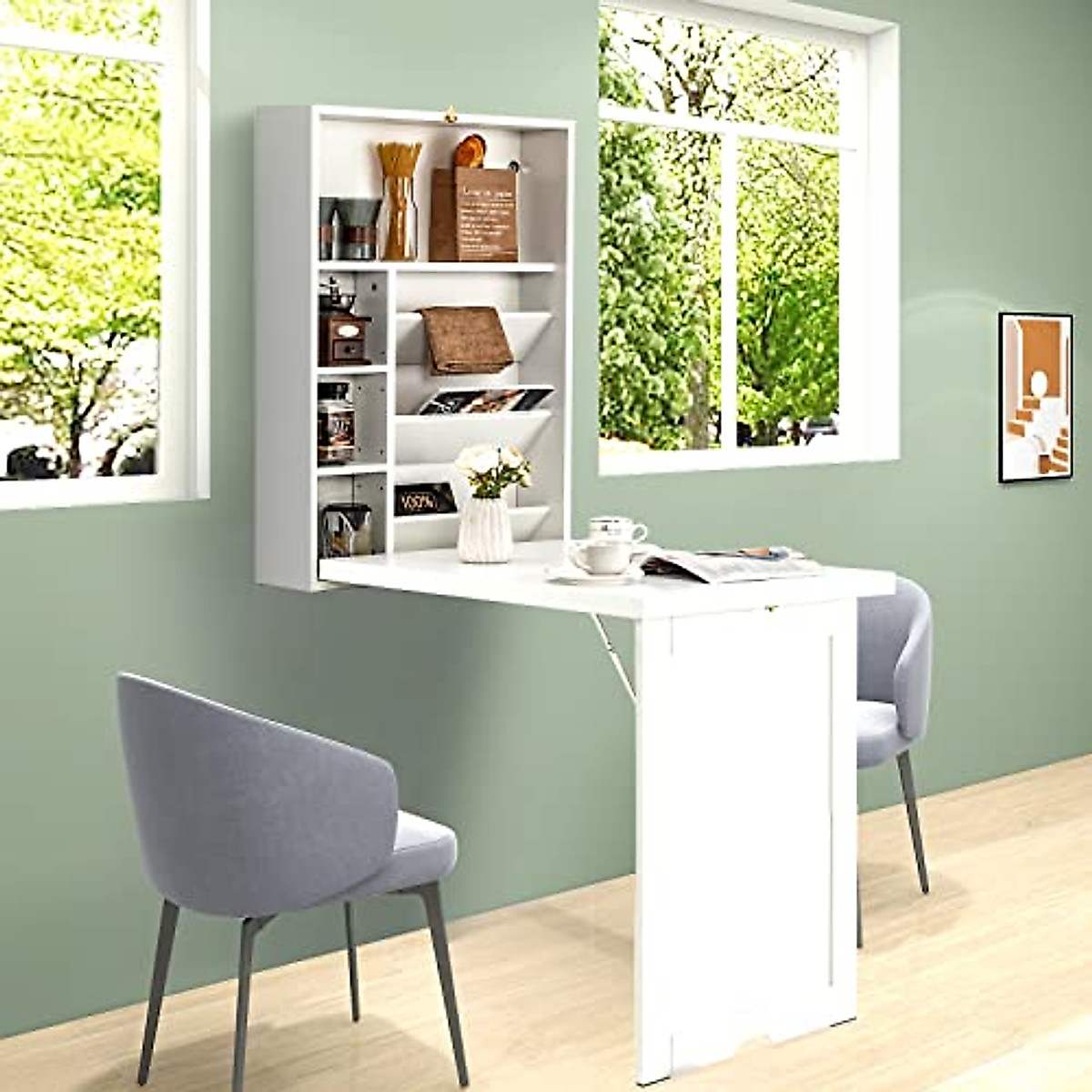 Tangkula Wall Mounted Desk, Fold Out Convertible Floating , Multi-Function Murphy Desk for Home Office, Space Saving Computer / Hanging Desk, Table with Storage Area