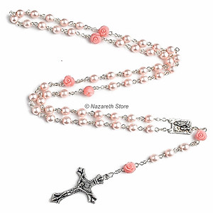 Nazareth Store Catholic Pink Pearl Beads Rosary Necklace Our Rose Flowers, Lourdes Medal & Cross NS