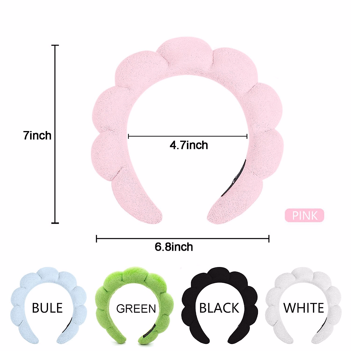 Ruiwen Hair Spa Headband for Washing Face, 3 Pink+Light Green Terry Cloth Headbands, Facial Exfoliator, Face Scrubber, Bubble Soft Puffy Skincare Headbands for Makeup Removal, Women's Product