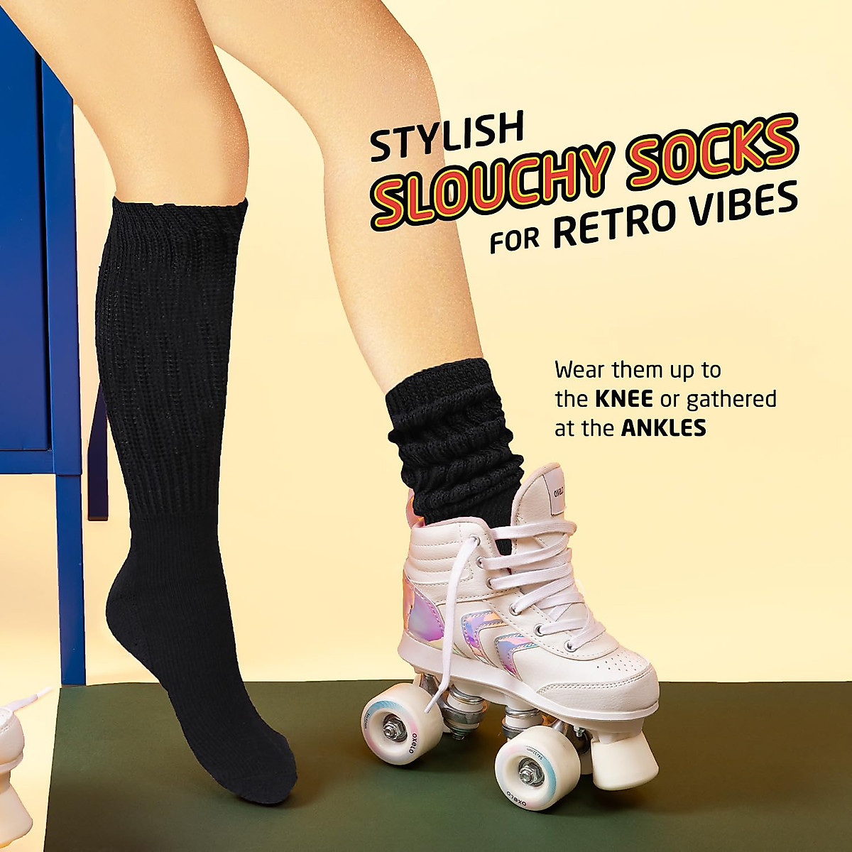 HOT FEET Women's Slouch Socks 2-Pack - Cozy Cotton Blend Scrunch Boot Socks, Long Slouchy Scrunchy Calf Socks, Sizes 4-10, White & Black