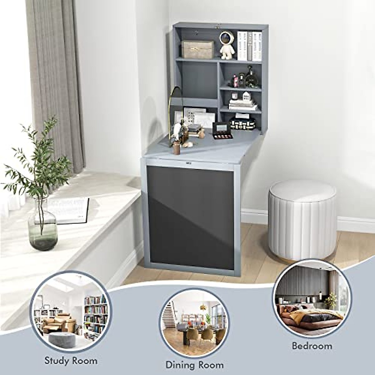 IFANNY Folding Wall Desk, Wall Mounted Fold Out Desk with Storage Shelves & Hooks, Hideaway Desk Wall Mount with Chalkboard, Floating Corner Desk for Small Spaces (Gray)