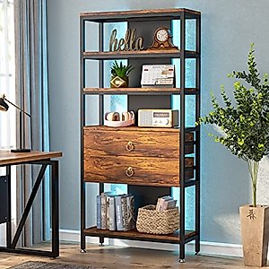 LITTLE TREE 6 Tier Bookshelf with 9 Color LED Light Strip, Tall Bookcase with 2 Drawers, Large Space Etagere Storage Rack Display Shelves, Brown